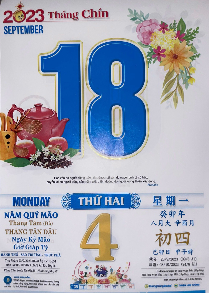 Lịch âm Lịch vạn sự hôm nay ngày 18 tháng 9 năm 2023 tốt hay xấu? | Báo ...